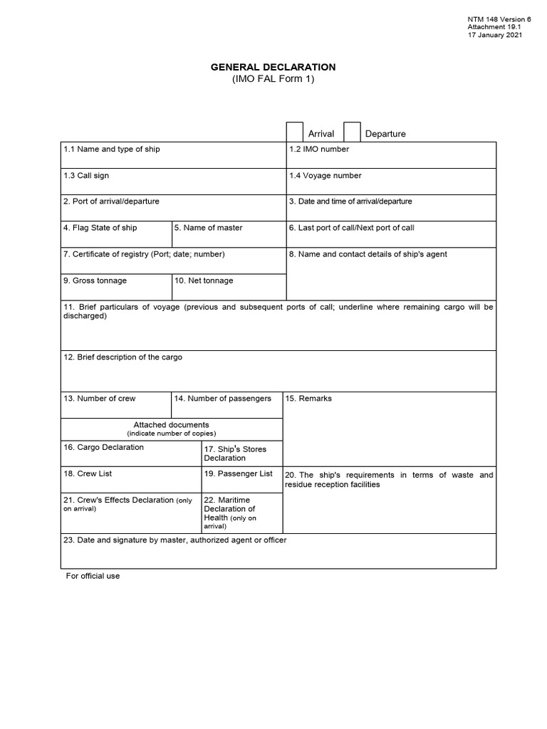 Attachment 19.1 IMO General Declaration FAL Form 1 | PDF