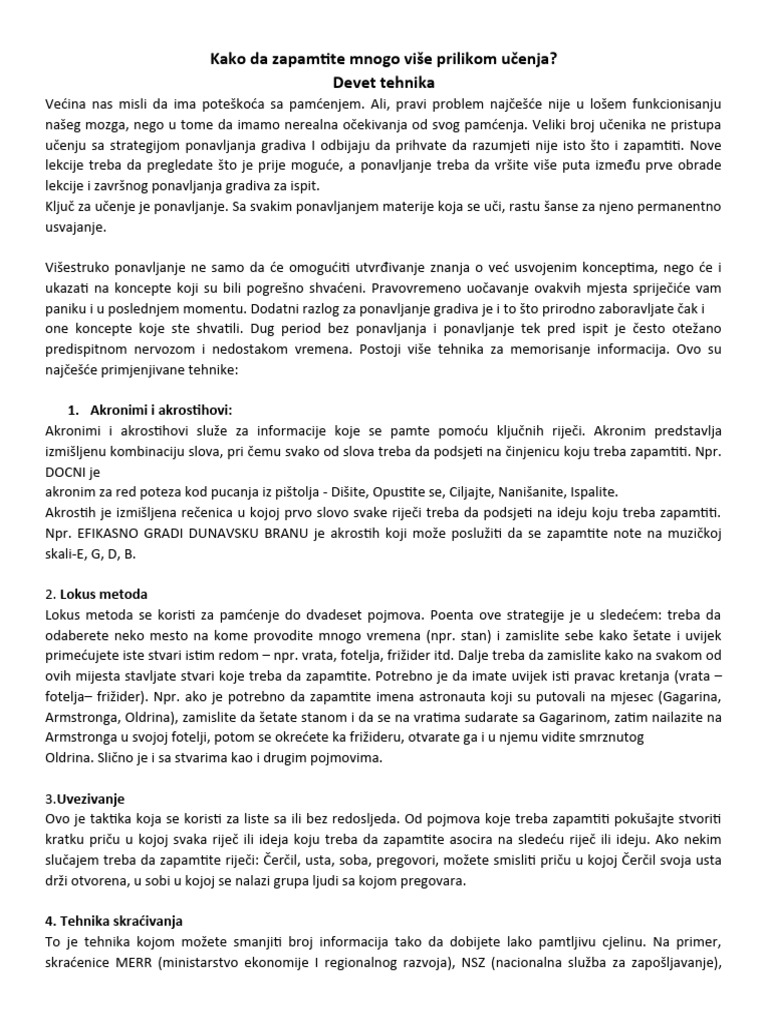 9 Tehnika Kako Da Zapamtite Više Prilikom Učenja | PDF