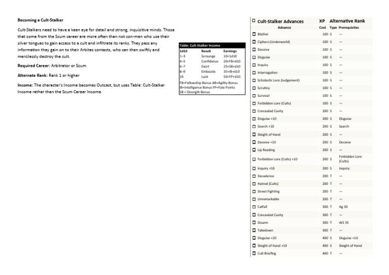 Advanced Dark Heresy - Character Sheet Alternative Rank - Cult-Stalker Fillable | PDF