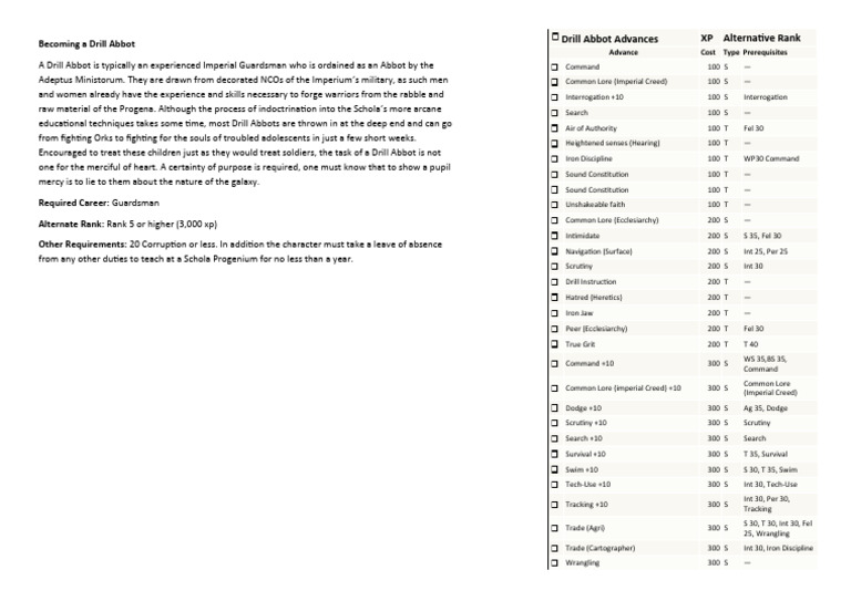 Advanced Dark Heresy - Character Sheet Alternative Rank - Drill Abbot | PDF