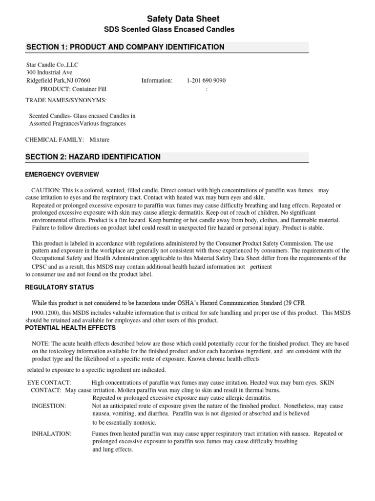 SDS for Star Candle Co. Products | PDF | Dangerous Goods | Toxicity