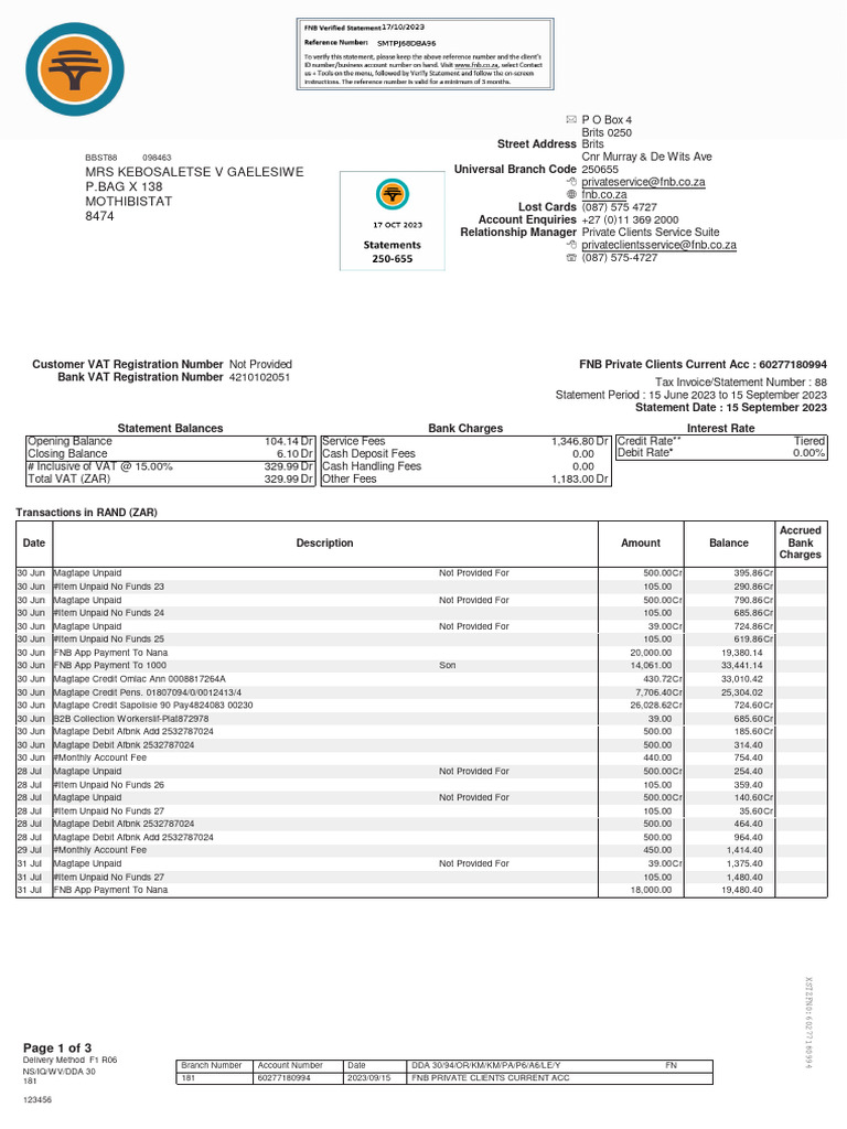FNB Verified Statement | PDF | Debit Card | Banks