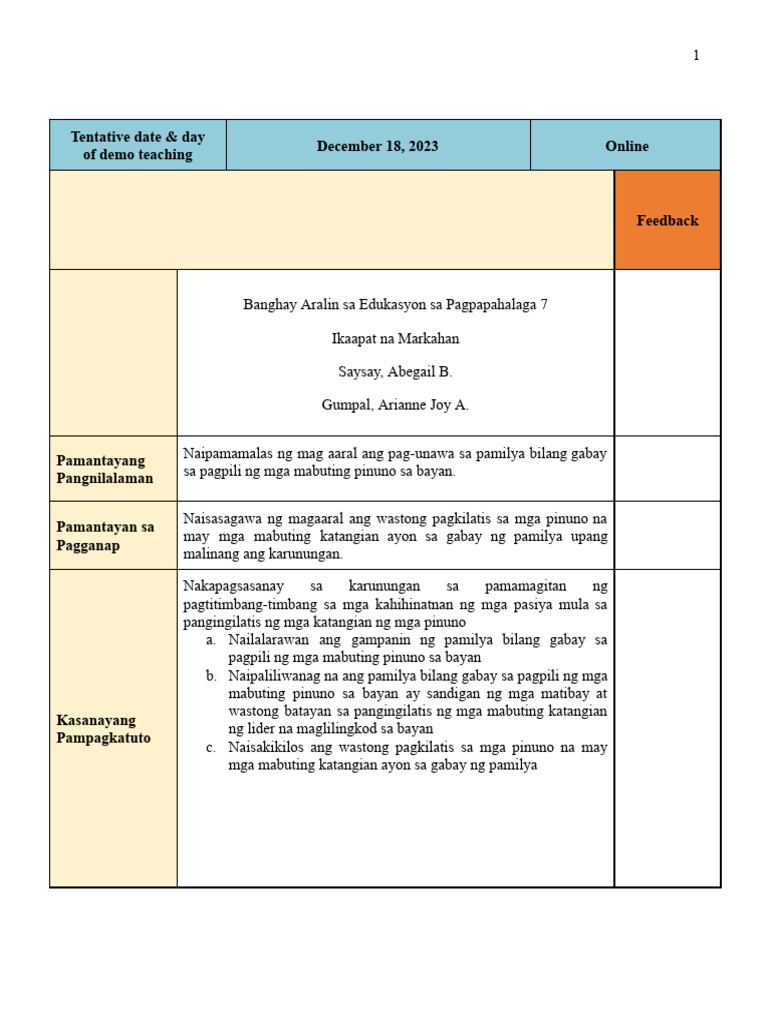 3r Online Saysay A-Gumpal B Lesson-Plan | PDF