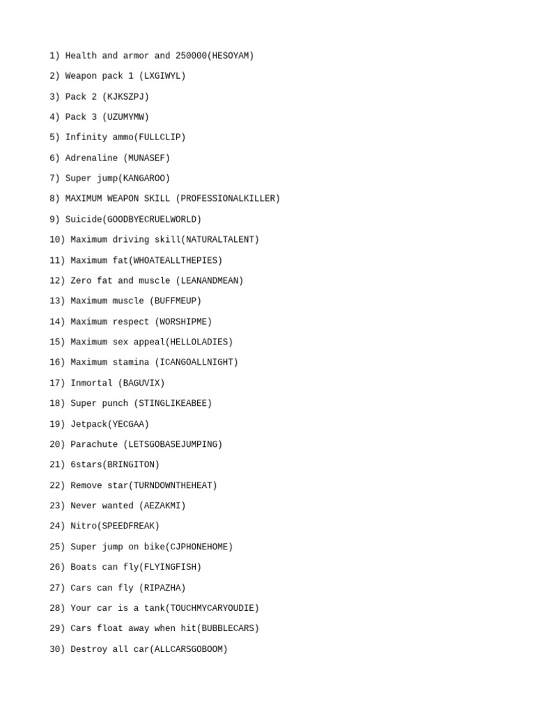 GTA Cheat Codes - KamoHacks | PDF | Sports & Recreation | History