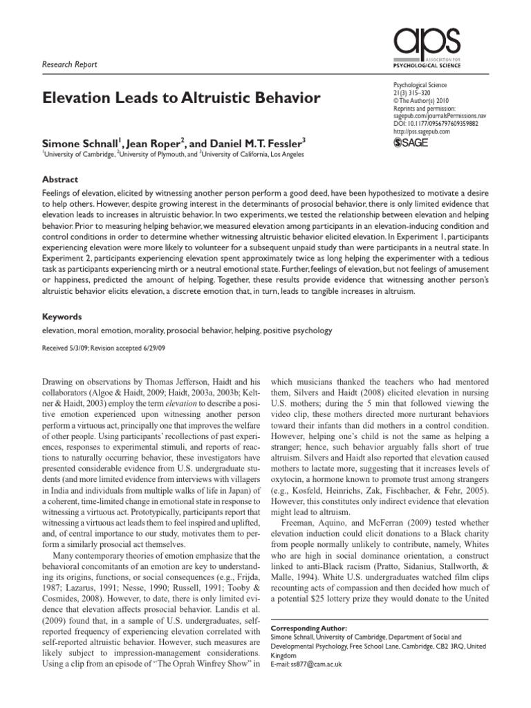 Elevation Leads To Altruistic Behavior: Simone Schnall, Jean Roper, and ...
