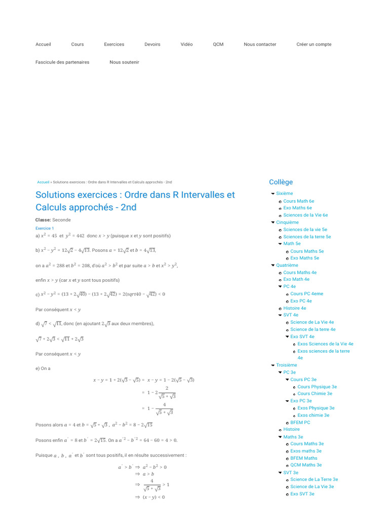Solutions Exercices - Ordre Dans R Intervalles Et Calculs Approc | PDF Solutions Exercices - Ordre Dans R Intervalles Et Calculs Approc | PDF