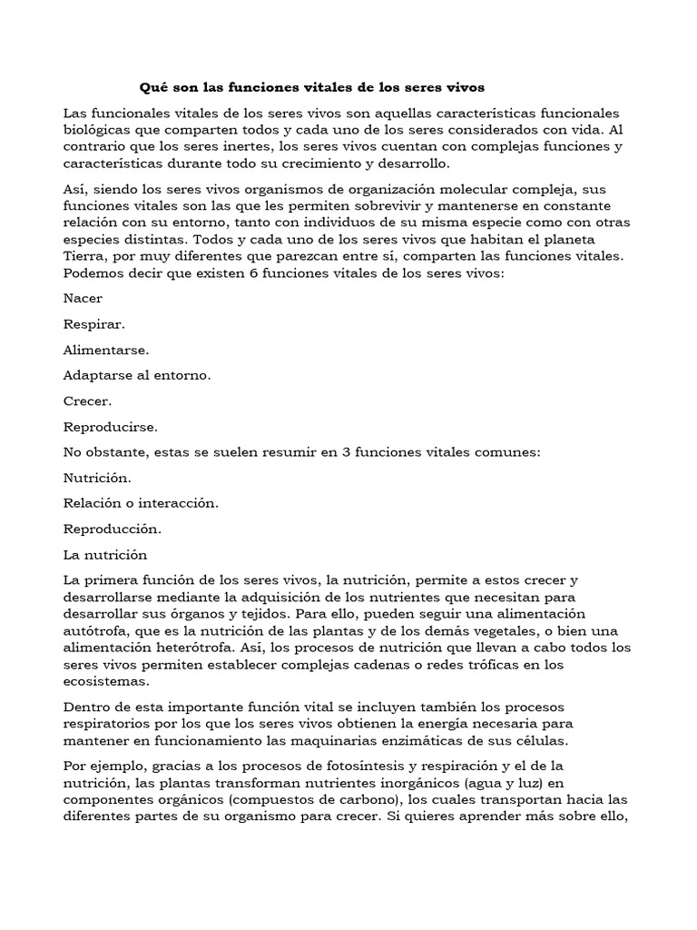 Funciones Vitales de los Seres Vivos | PDF | Organismos | Nutrición