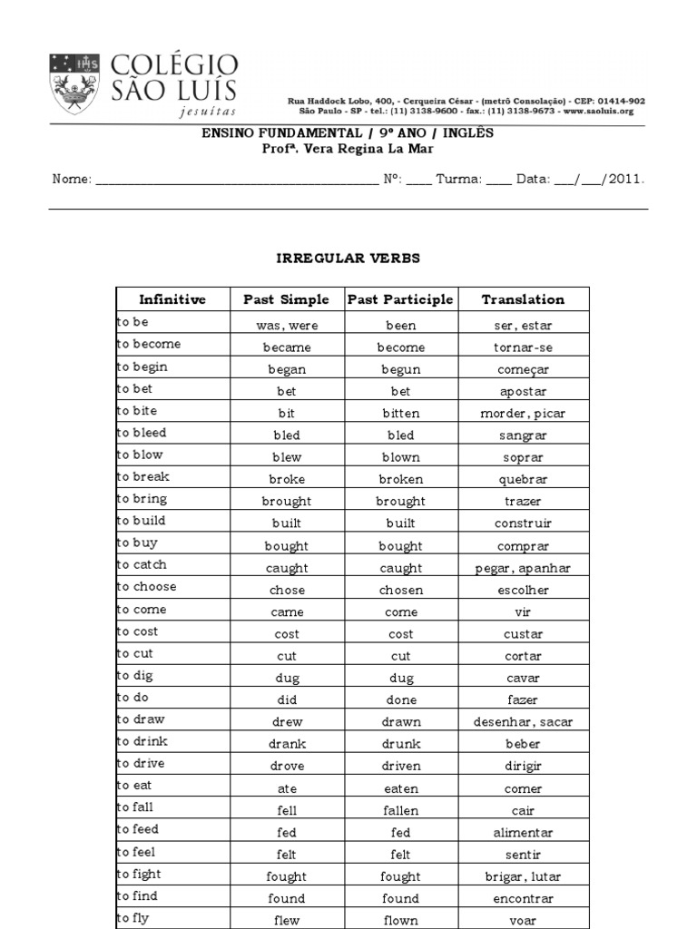 Lista Irregular Verbs | PDF | Grammatical Conjugation | Linguistic Morphology