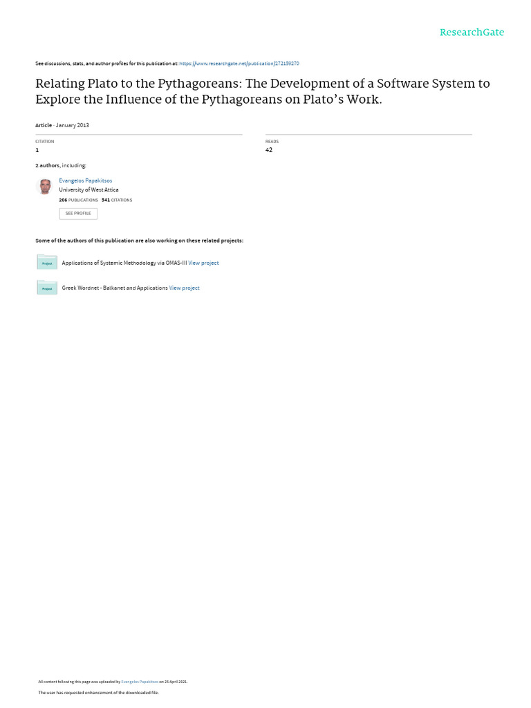 Relating Plato To The Pythagoreans The Development of A Software System ...