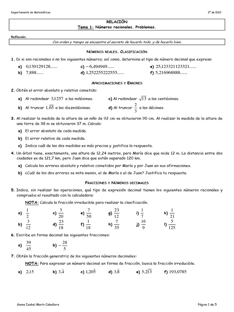 Relación Tema 1. Números Racionales. Problemas | PDF | Número racional | Número Real