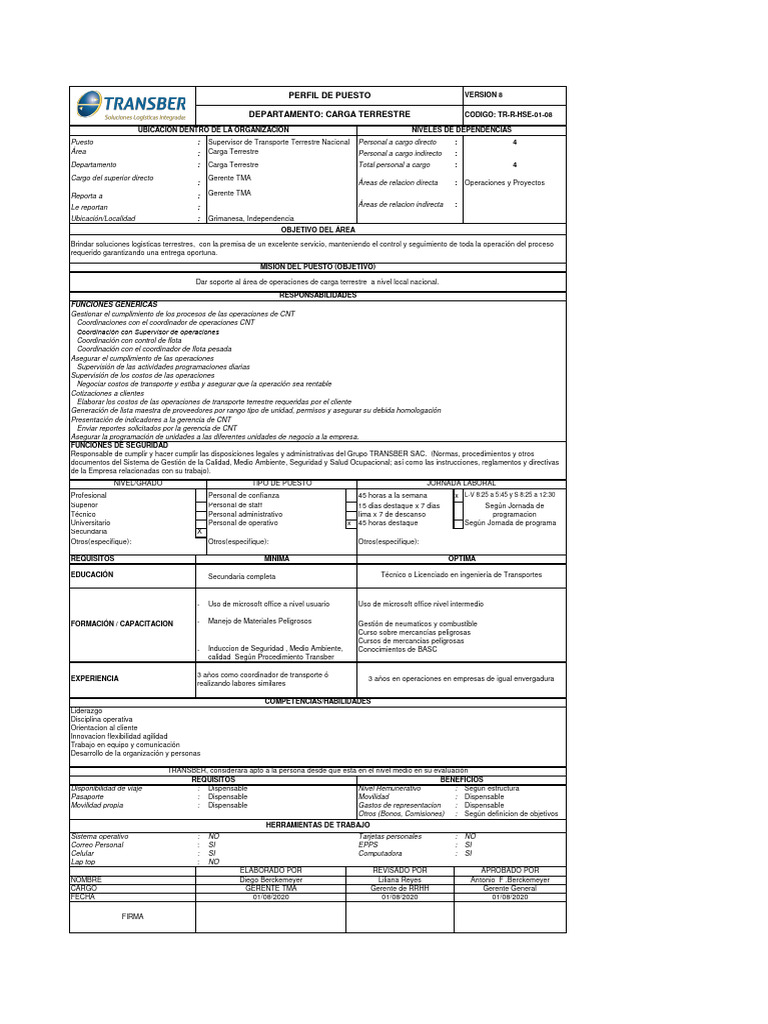 Perfil del Puesto: Supervisor de Transporte Terrestre | PDF