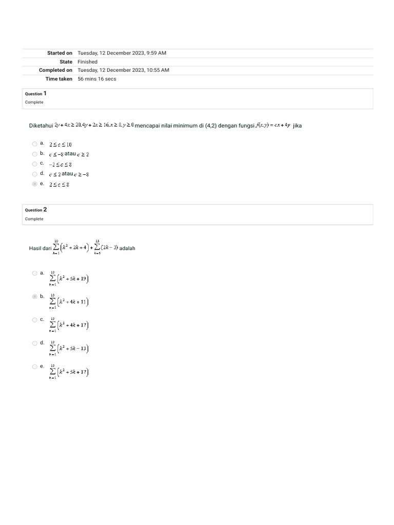 MATEMATIKA WAJIB KELAS 11 - PAS GANJIL 2023-2024 - Attempt Review - E-Smansamozar | PDF | Metode ...