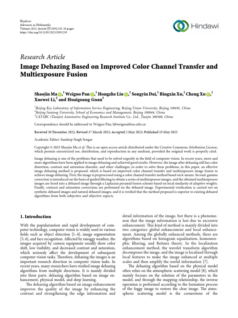 Research Article: Image Dehazing Based On Improved Color Channel Transfer and Multiexposure ...