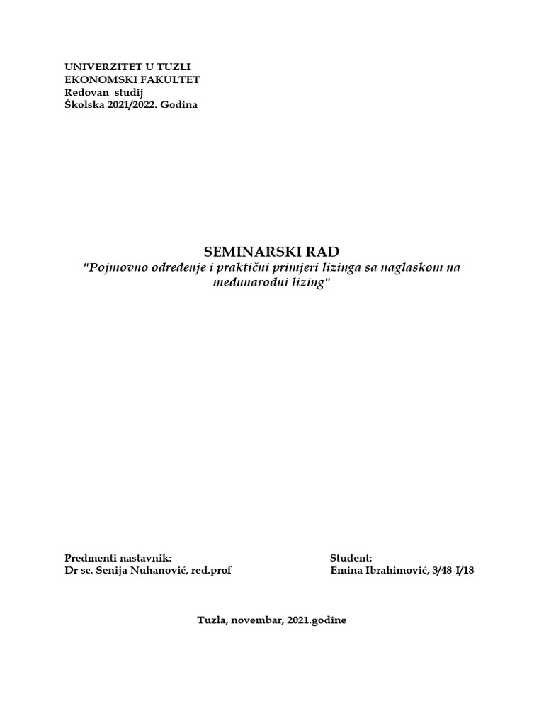 Pojmovno Određenje I Praktični Primjeri Lizinga Sa Naglaskom Na ...