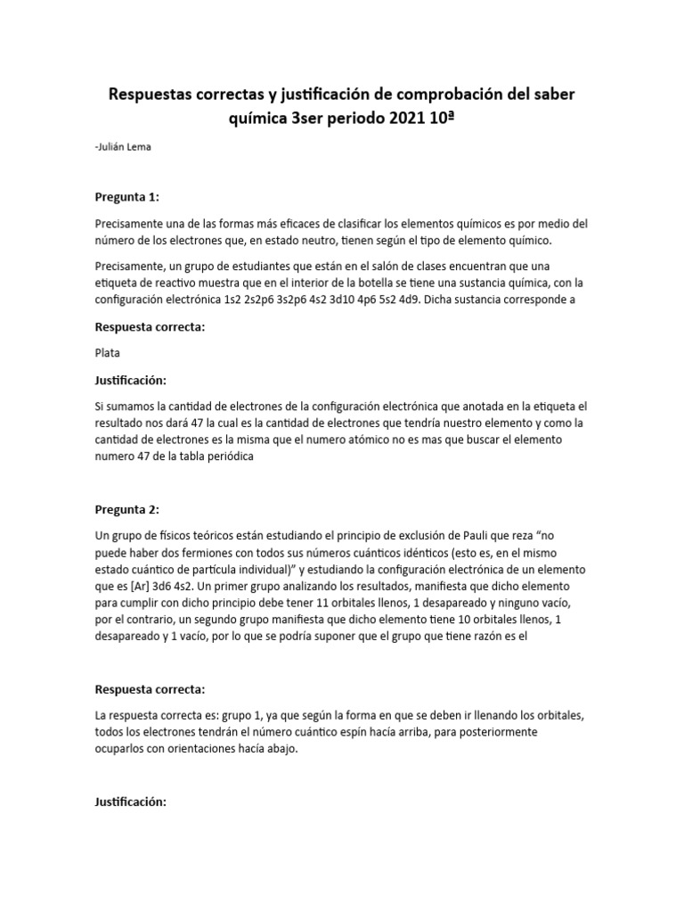 Respuestas Correctas y Justificación de Comprobación Del Saber Química ...
