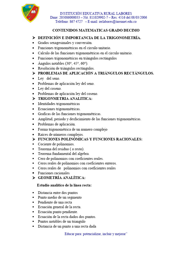 Contenidos Matematicas Grado Decimo | PDF | Trigonometría | Funciones ...