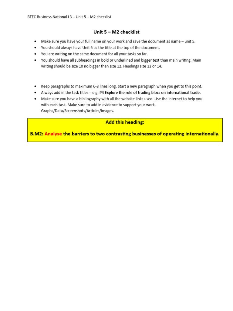Unit 5 - M2 Checklist: Analyse | PDF | Tariff | Trade Barrier