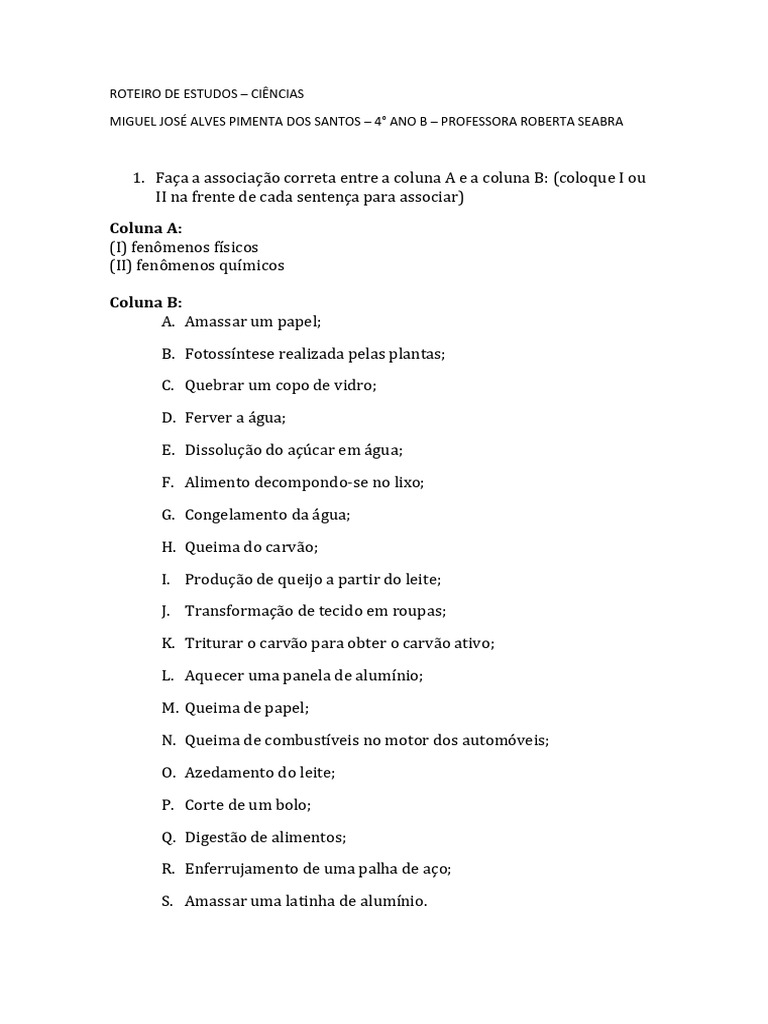 Roteiro de Estudos de Ciências 4º Ano | PDF | Mistura | Substancias químicas
