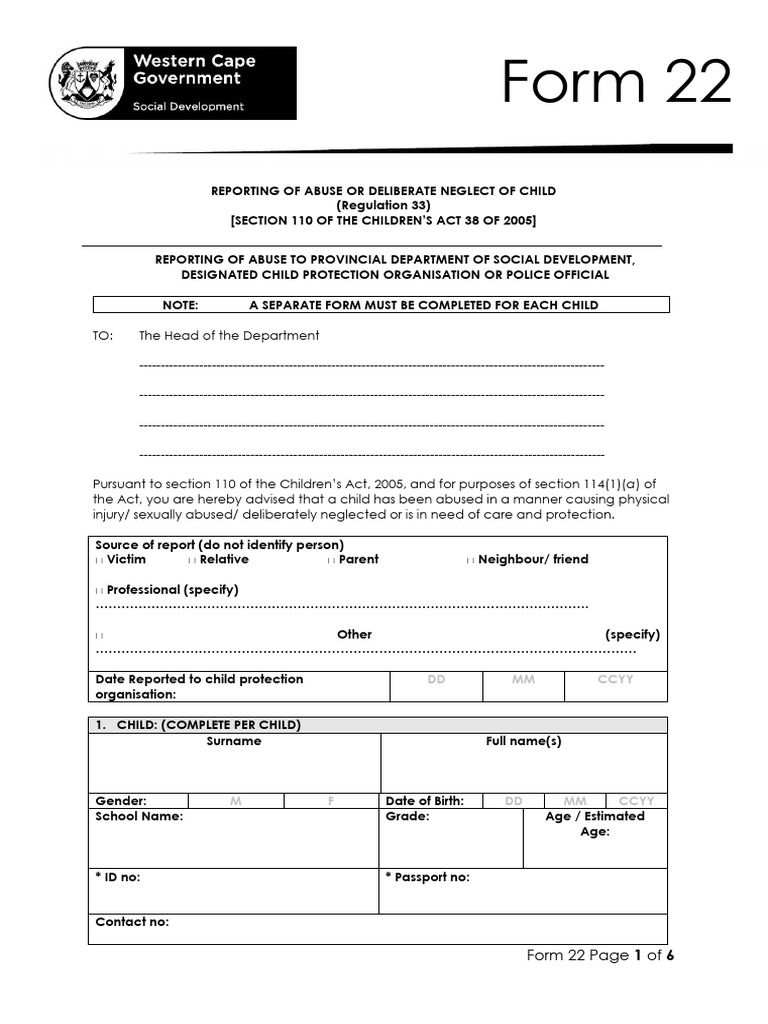 Form 22 | PDF | Child Abuse | Child Neglect