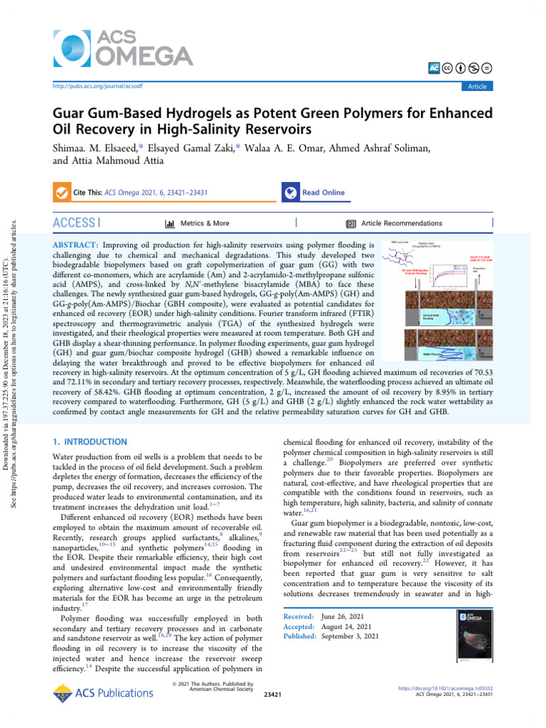 Elsaeed Et Al 2021 Guar Gum Based Hydrogels As Potent Green Polymers For Enhanced Oil Recovery