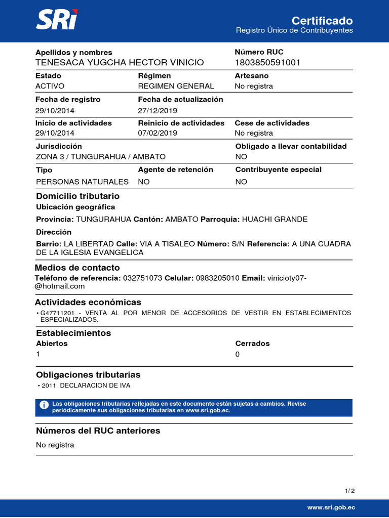 Certificado Del Ruc | PDF | Finanzas y dinero