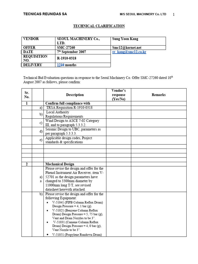 Technical Clarification-Seoul Machinery-1910-0318 Offer | PDF ...