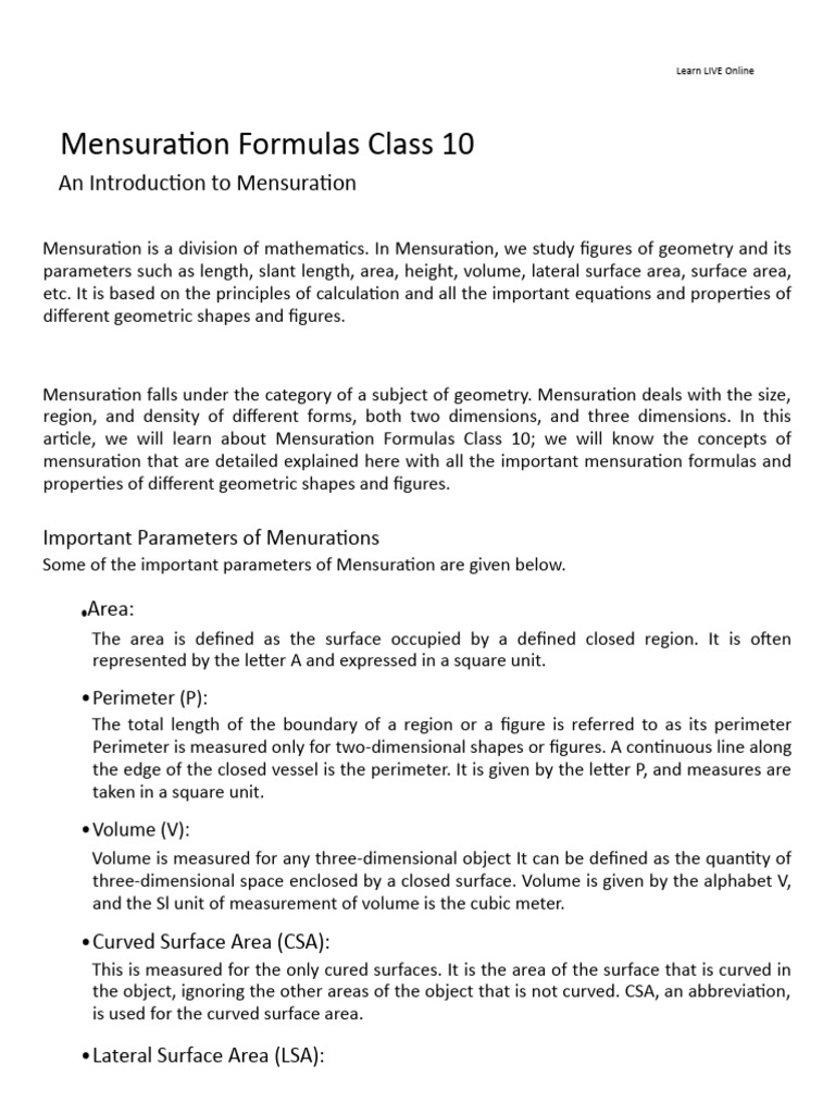 Mensuration Formulas Class 10 | Download Free PDF | Area | Volume