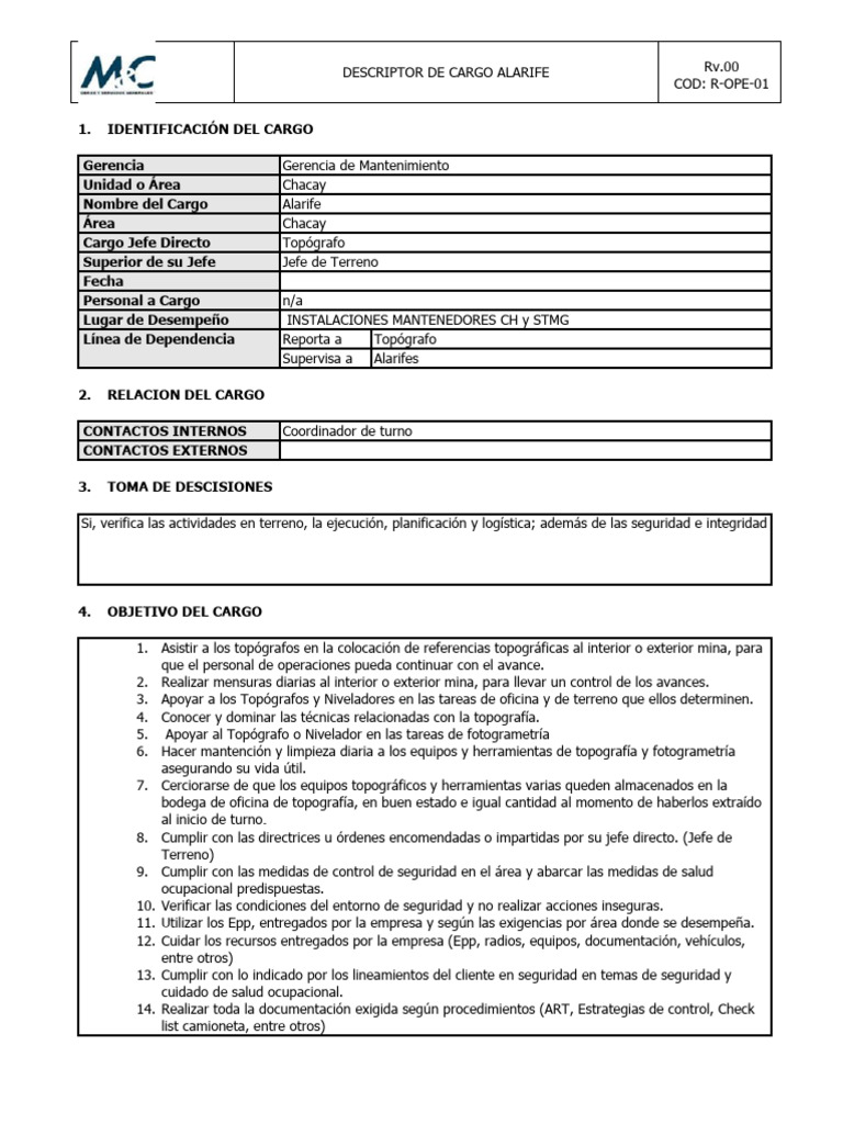 Descripción del Cargo: Alarife | PDF | Logística
