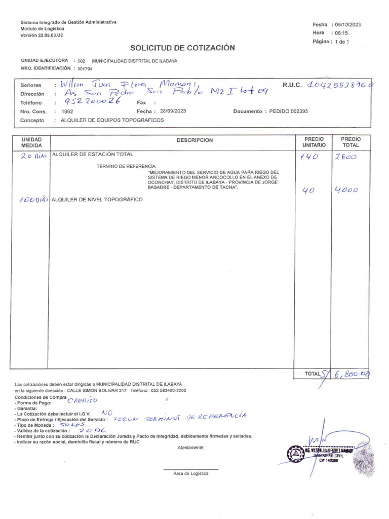 Cotizacion Cotizacion Ilabaya | PDF