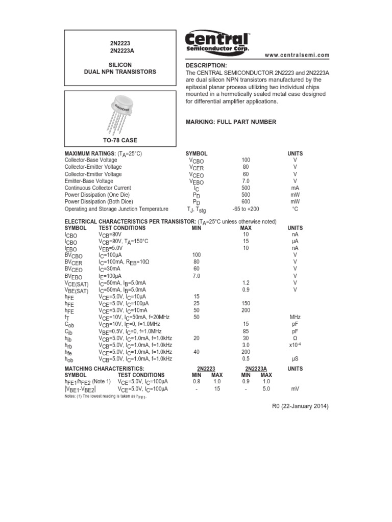 2N2223 2N2223A Silicon Dual NPN Transistors Description | PDF | Science ...