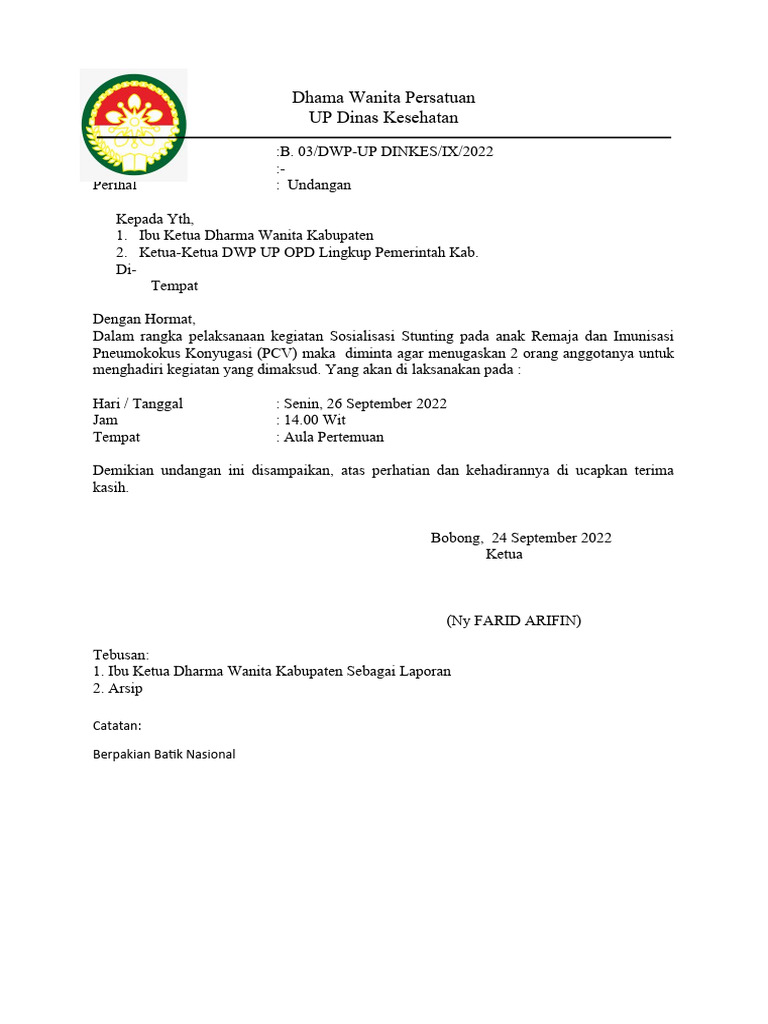 Surat Undangan Kegiatan DWP Dinkes | PDF