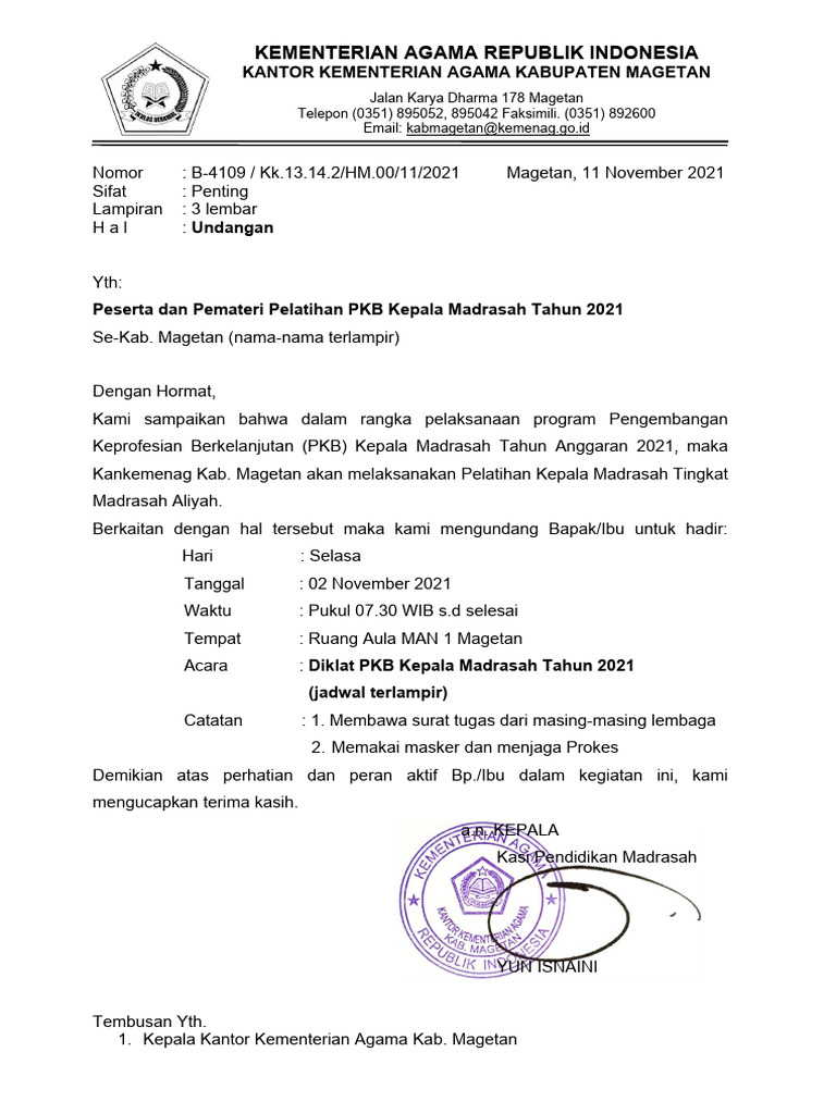 Surat Undangan PKB Kamad Tahun 2021 - Peserta Dan Narsum | PDF