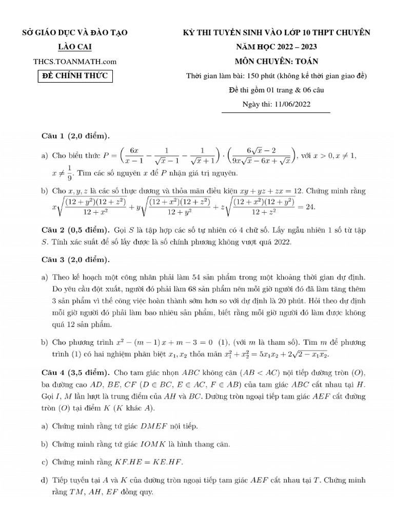 De Tuyen Sinh Lop 10 THPT Chuyen Mon Toan Nam 2022 2023 So GDDT Lao Cai | PDF