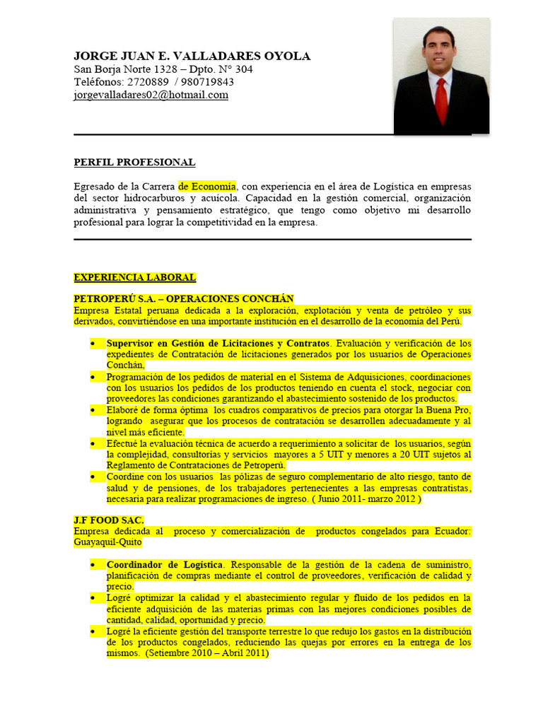 CV - Jorge Valladares | PDF | Business | Logística
