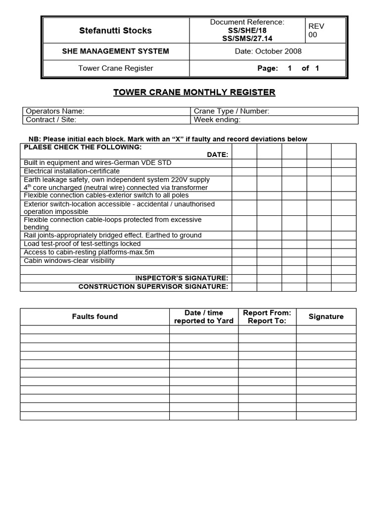 Tower Crane Monthly Register | PDF