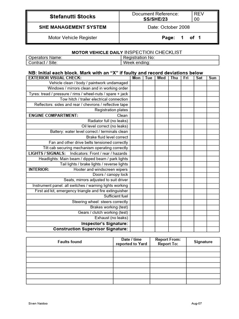 Motor Vehicle Daily Checklist | PDF | Vehicles | Motor Vehicle