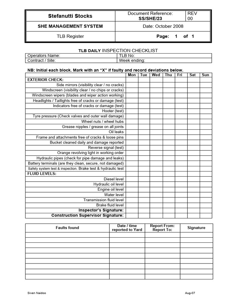 TLB Daily Checklist | PDF | Vehicles | Manufactured Goods