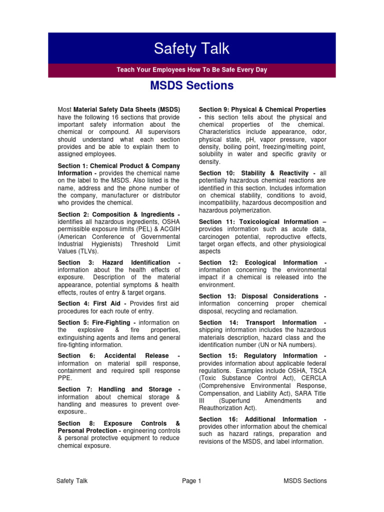 Safety Talk MSDS Sections | PDF | Superfund | Hazards