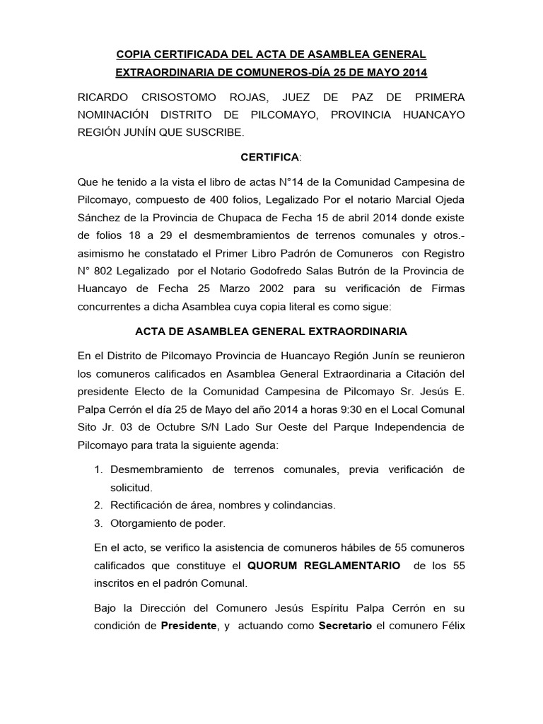 Acta de Asamblea General Extraordinaria de La Cominidad de Pilcomayo | PDF | Ley Pública ...