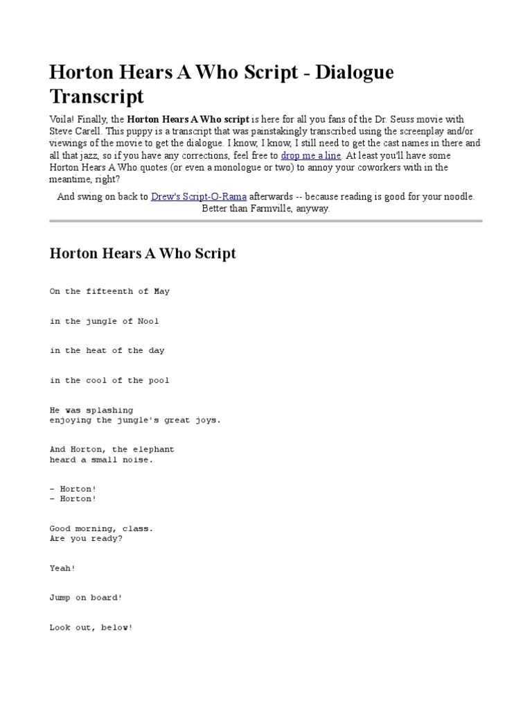 Horton Hears A Who Script Transcript | PDF | Nature | Leisure