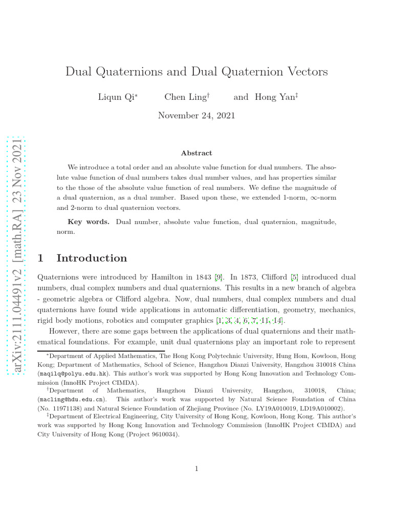Dual Quaternions and Dual Quaternion Vectors | PDF | Norm (Mathematics) | Complex Number