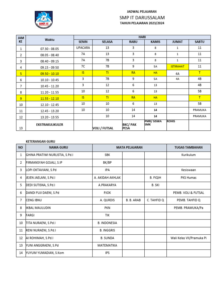 Jadwal Pelajaran SMP It Darussalam SMT 1 | PDF