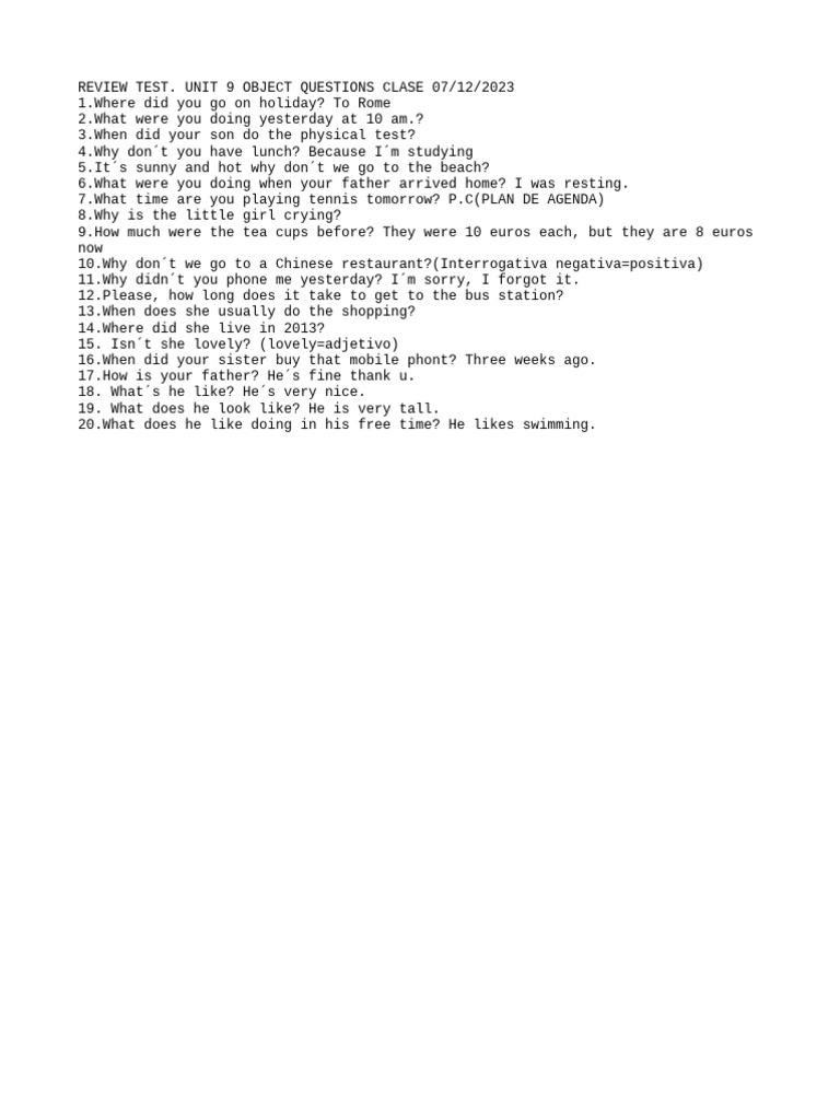 Clase Inglés Basico Review Unit 9 | PDF