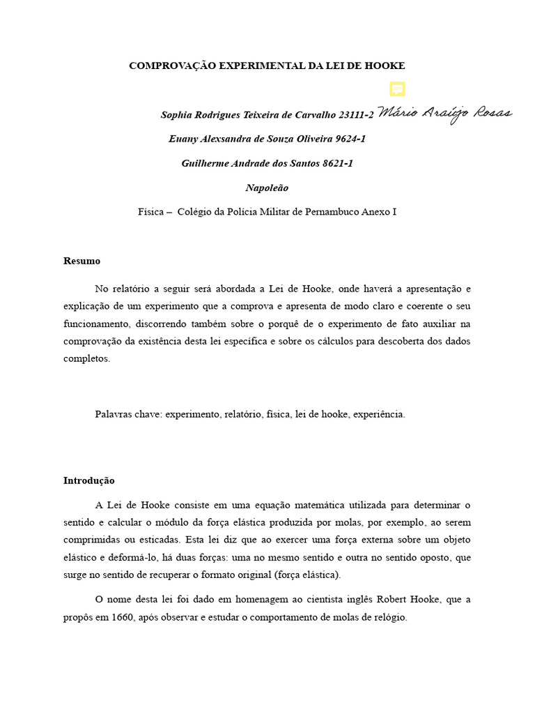 Comprovação Experimental Da Lei de Hooke E2 | PDF | Força | Ciências ...