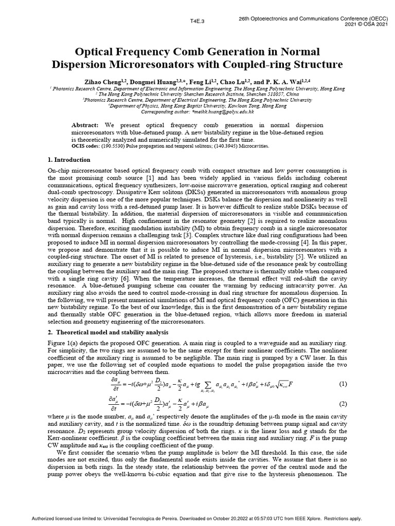 Optical Frequency Comb Generation in Normal Dispersion Microresonators With Coupled-Ring ...