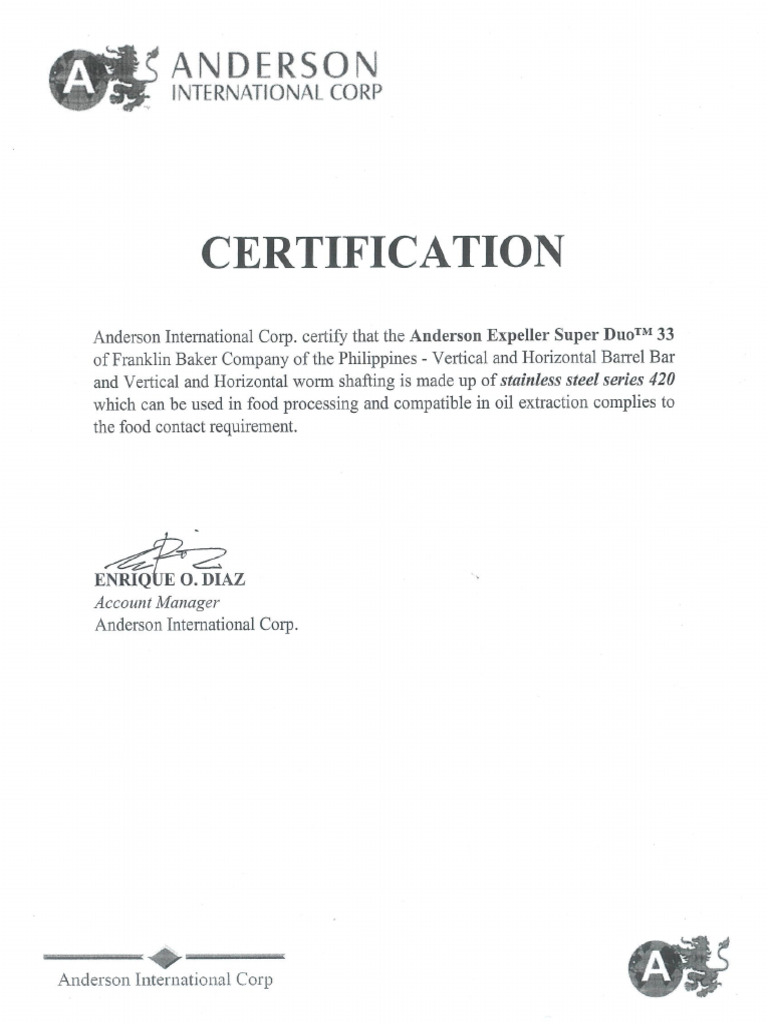 Expeller Food Contact Certificate | PDF