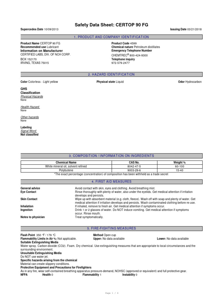 SDS - Certop 90 FG | PDF | Toxicity | Water