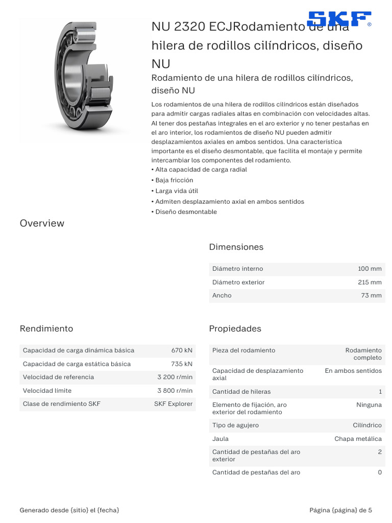 SKF NU 2320 ECJRodamiento de Una Hilera de Rodillos Cilíndricos, Diseño NU Specification | PDF ...