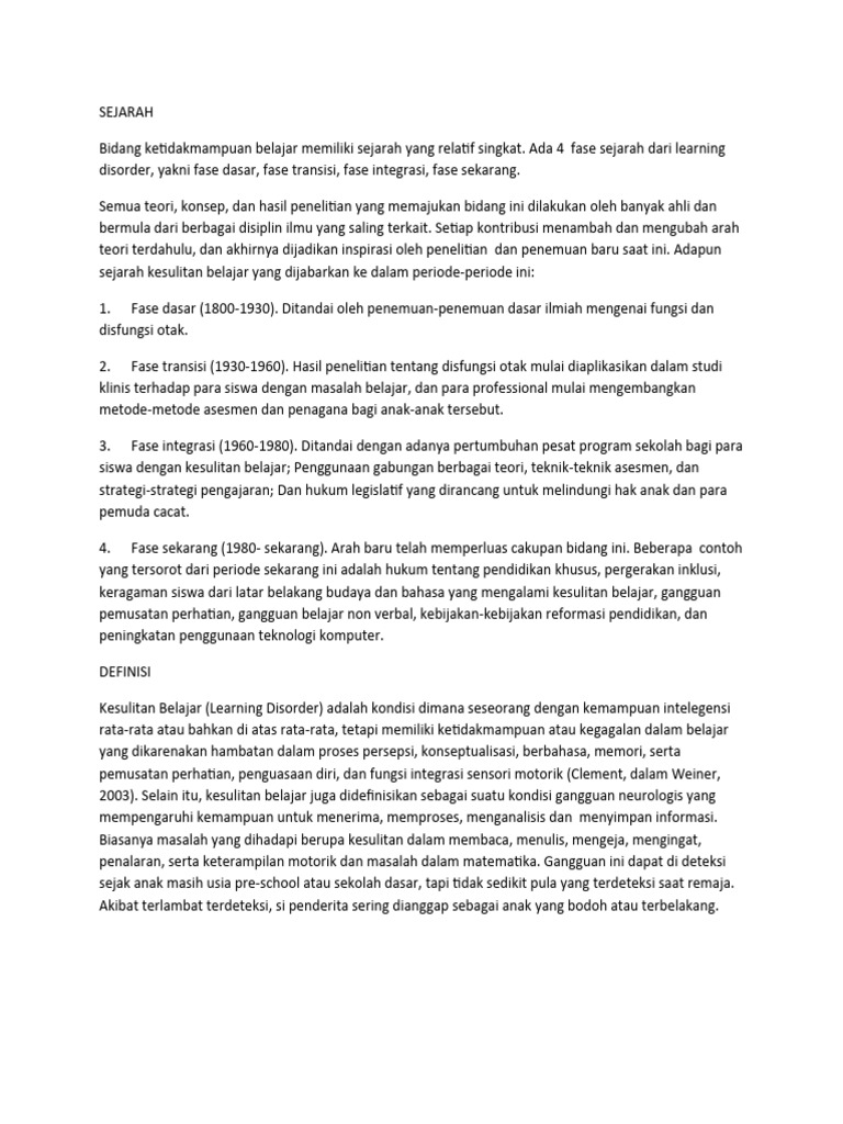 Sejarah dan Definisi Learning Disorder | PDF