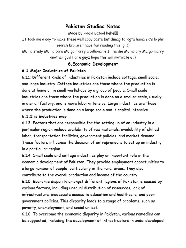 Pakistan Studies Notes | PDF | Pakistan | Economic Growth